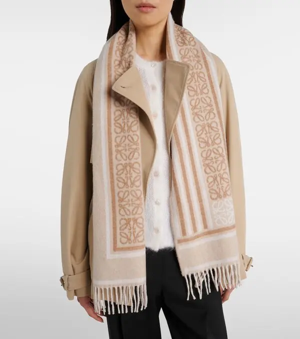 Loewe Anagram Wool And Cashmere Jacquard Scarf - Beige