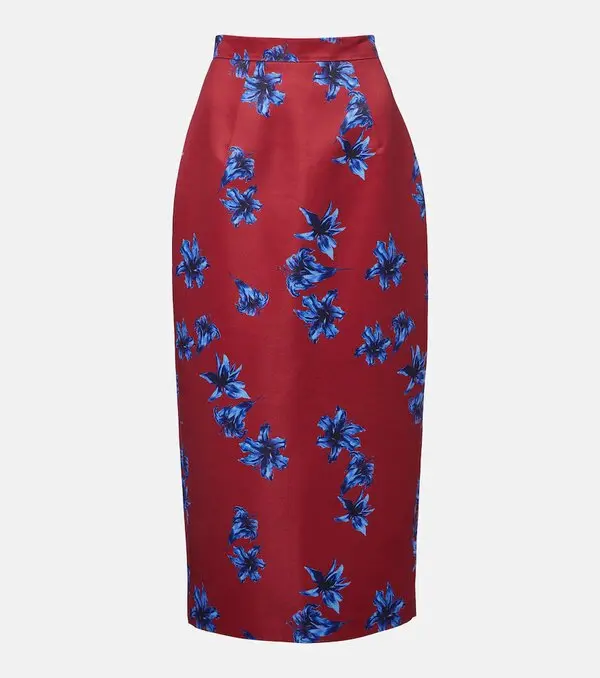 EMILIA WICKSTEAD Lorelei Floral Duchess Satin Pencil Skirt - Red