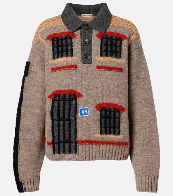 JW Anderson Wool Intarsia Jacquard Polo Sweater - Beige