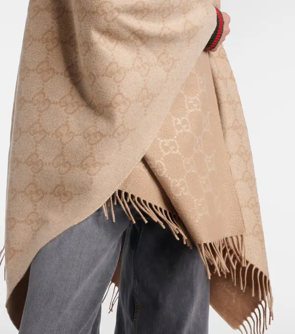 Gucci Gg Fringed Cashmere-blend Lamé Cape - Beige