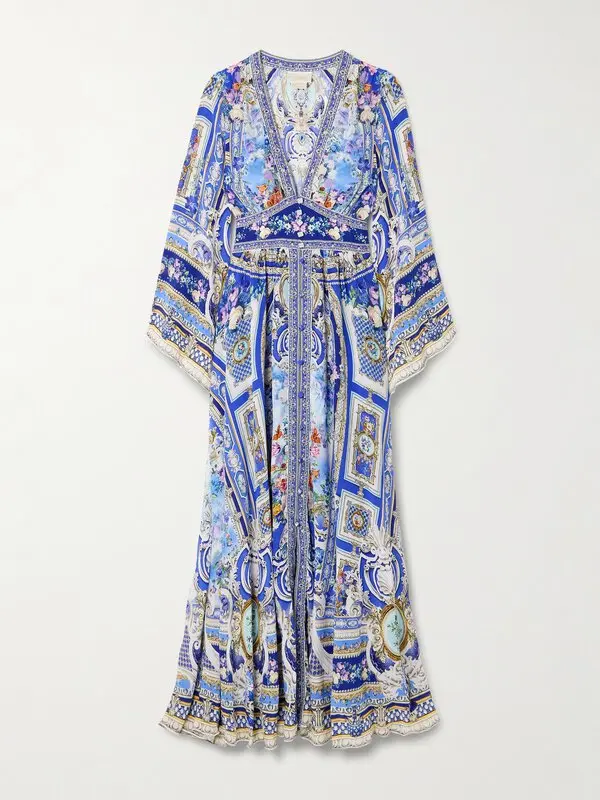 Camilla Crystal-embellished Shirred Printed Silk-chiffon Maxi Dress - Blue