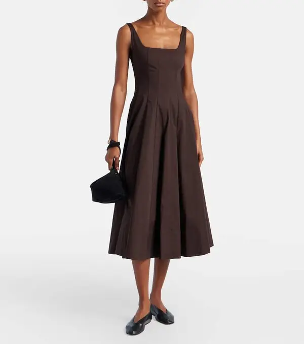 Staud Pleated Cotton Midi Dress - Brown