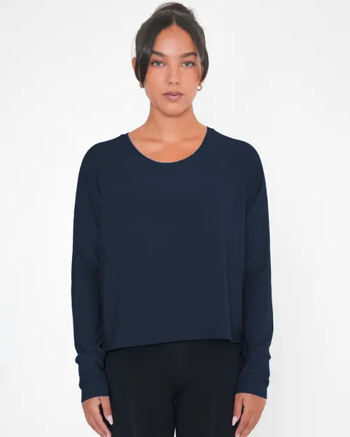 REBODY Sera Mid-length Boxy Long Sleeve Top - Navy