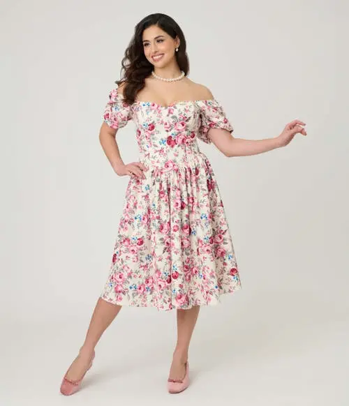 SMAK PARLOUR Puff Sleeve Swing Dress - White W/floral Print