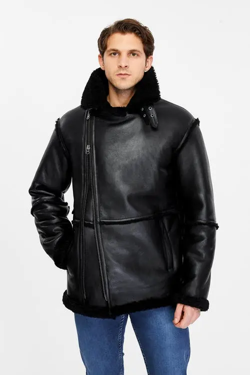 FURNIQ UK Crocodile-embossed Shearling Bomber Jacket - Black