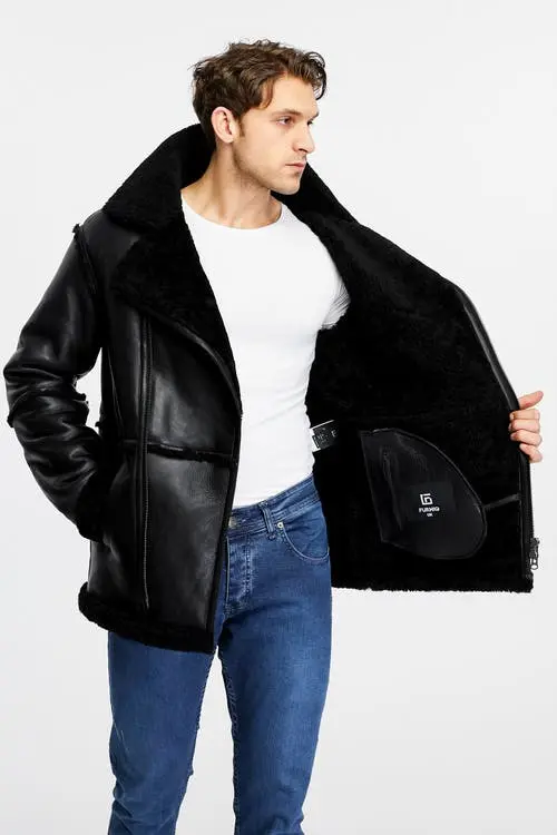 FURNIQ UK Crocodile-embossed Shearling Bomber Jacket - Black