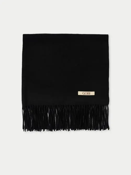 Gobi Cashmere Wide Fringe Scarf - Black