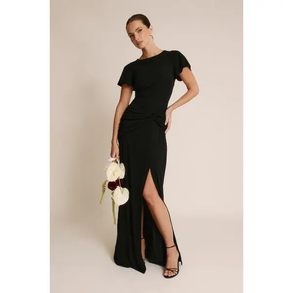 SIX STORIES Knot Panel Flutter Sleeve Maxi Gown - Black