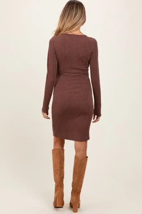PINKBLUSH Ribbed Long Sleeve Half Button Fitted Dress