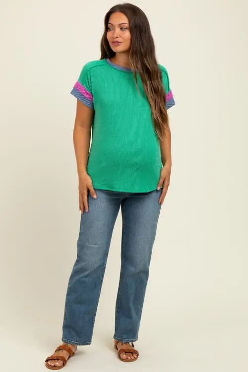 PINKBLUSH Ribbed Colorblock Detail Short Sleeve Top - Green