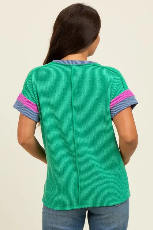 PINKBLUSH Ribbed Colorblock Detail Short Sleeve Top - Green