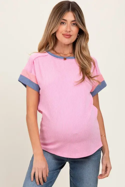 PINKBLUSH Ribbed Colorblock Detail Short Sleeve Top - Pink