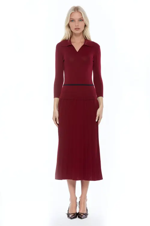 ALEXIA ADMOR Sable Knit Midi Dress With Pleats - Burgundy