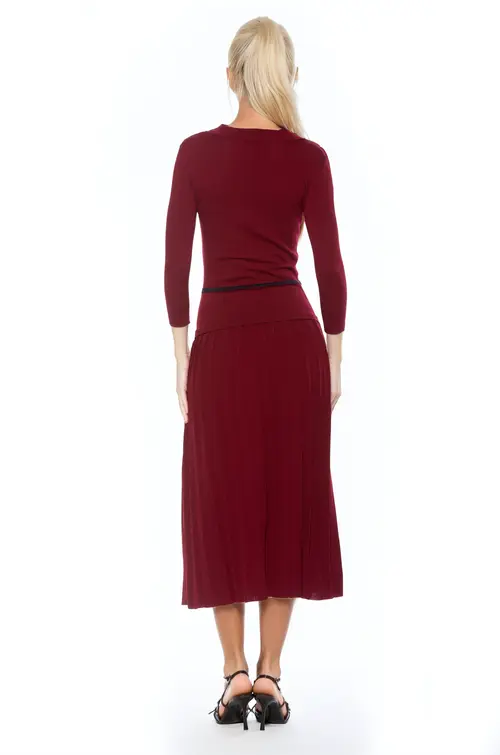 ALEXIA ADMOR Sable Knit Midi Dress With Pleats - Burgundy
