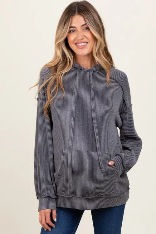 PINKBLUSH Ribbed Front Pocket Drawstring Hoodie - Charcoal Grey