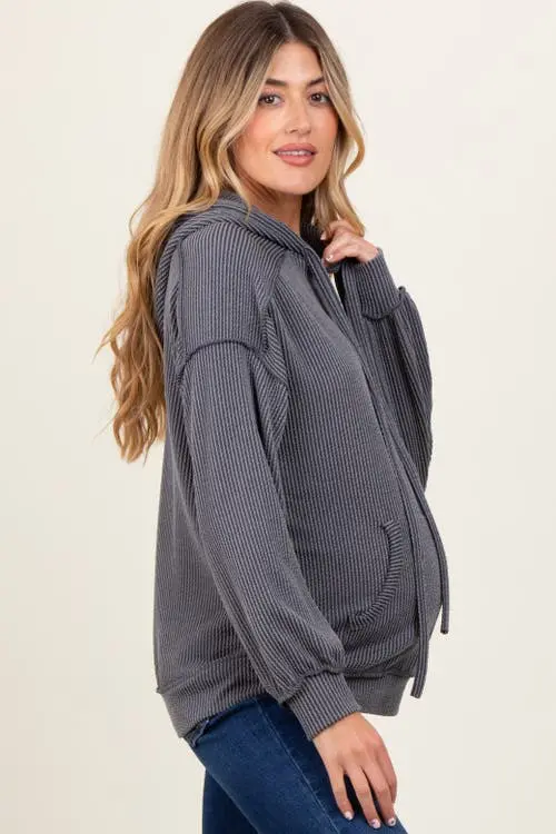 PINKBLUSH Ribbed Front Pocket Drawstring Hoodie - Charcoal Grey