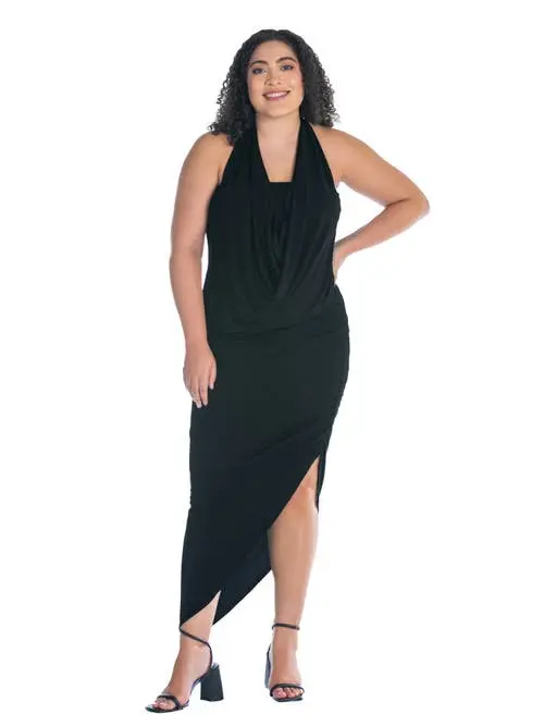 24SEVEN COMFORT APPAREL Cowl Neck Asymmetric Hem Stretch Dress - Black