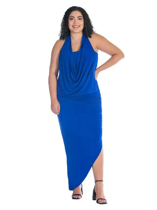 24SEVEN COMFORT APPAREL Cowl Neck Asymmetric Hem Stretch Dress - Royal