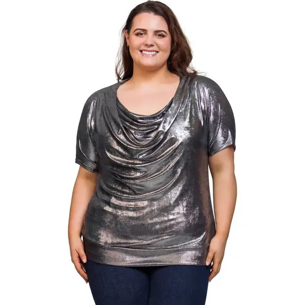 24SEVEN COMFORT APPAREL Cowl Neck Short Sleeve Top - Silver