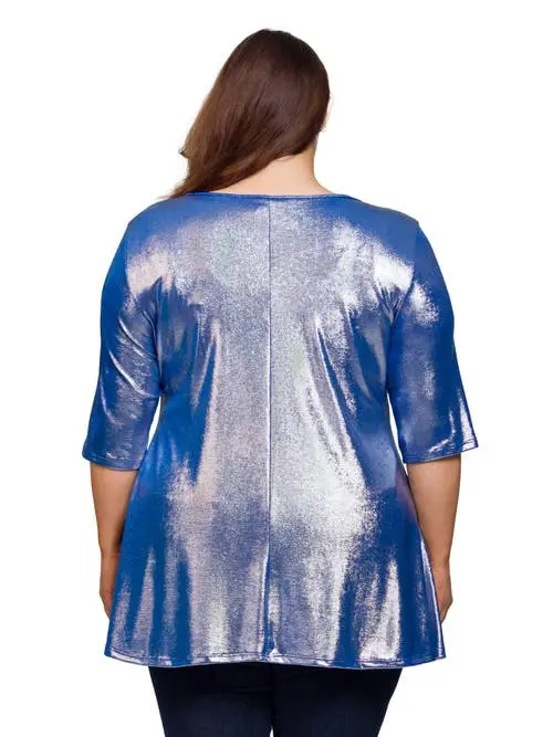 24SEVEN COMFORT APPAREL Metallic Scoop Neck Flared Tunic Top - Blue