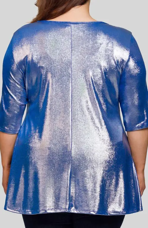 24SEVEN COMFORT APPAREL Metallic Flare Tunic - Blue