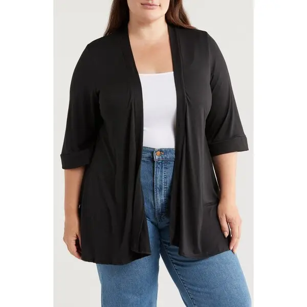24SEVEN COMFORT APPAREL Open Front Cardigan With Fold-over Cuff Sleeves - Black