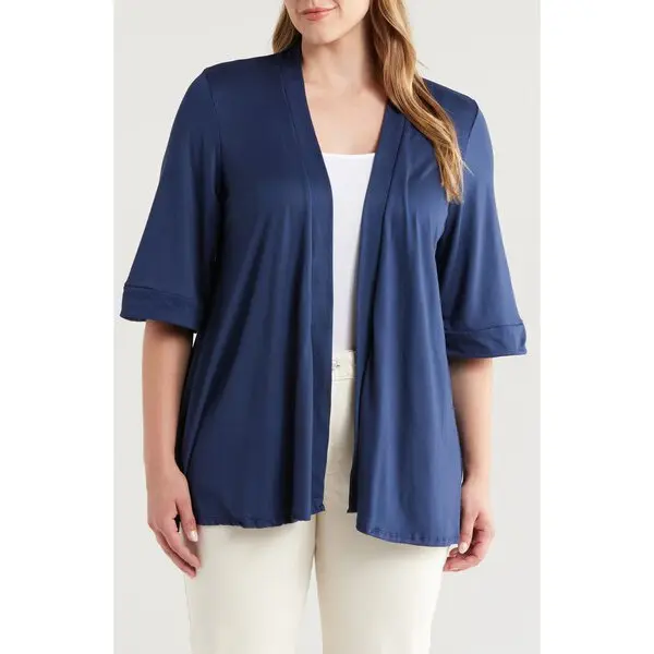24SEVEN COMFORT APPAREL Open Front Cardigan With Fold-over Cuff Sleeves - Navy