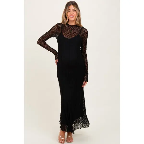 PINKBLUSH Lace Mock Neck Long Sleeve Maternity Maxi Dress - Black