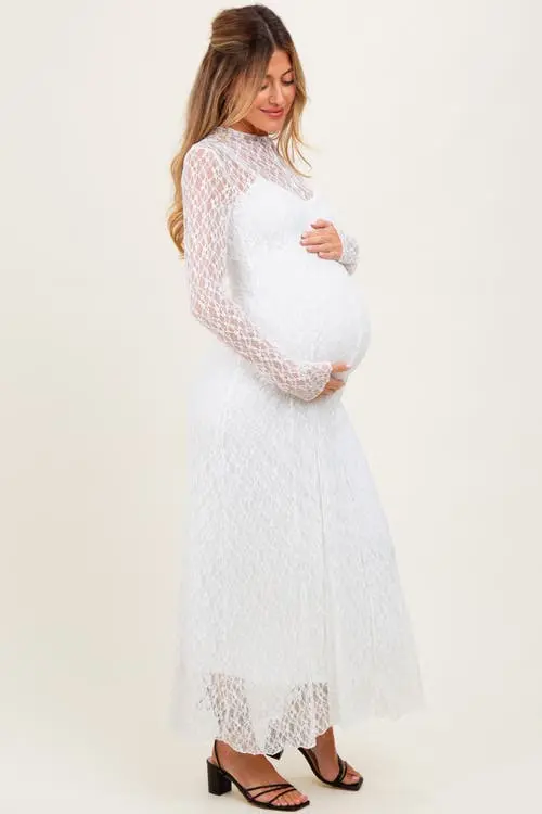 PINKBLUSH Lace Mock Neck Long Sleeve Maternity Maxi Dress - White