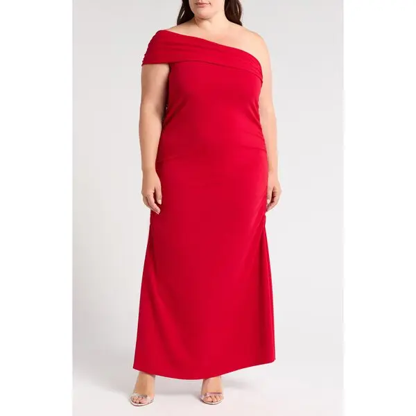 24SEVEN COMFORT APPAREL One-shoulder Ruched Maxi Dress - Ruby