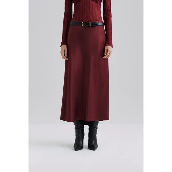 MALINA Aubree Satin Midi Skirt - Wine