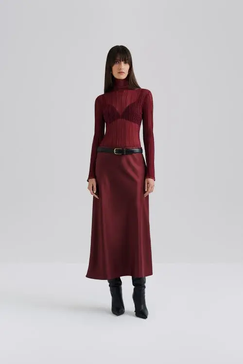 MALINA Aubree Satin Midi Skirt - Wine