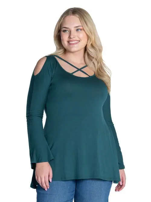 24SEVEN COMFORT APPAREL Long Sleeve Criss-cross Cold Shoulder Top - Hunter