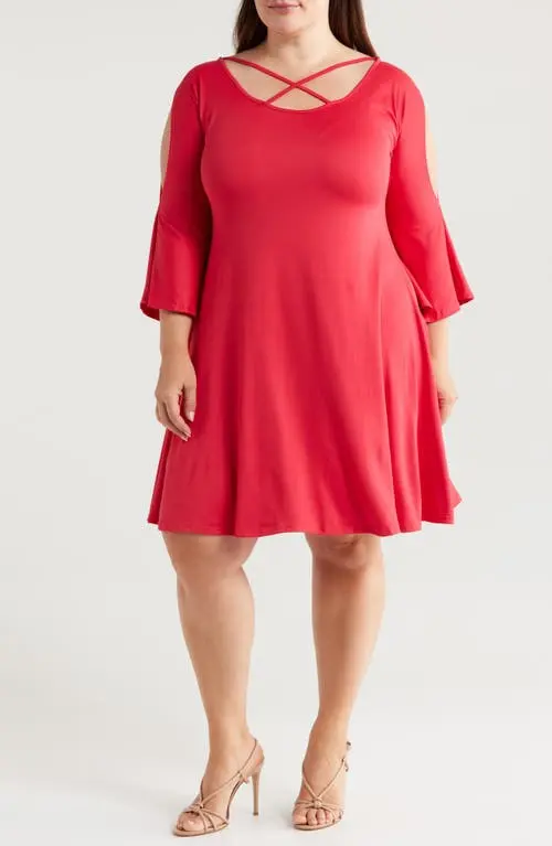 24SEVEN COMFORT APPAREL Crisscross Neck Cold Shoulder Dress - Red
