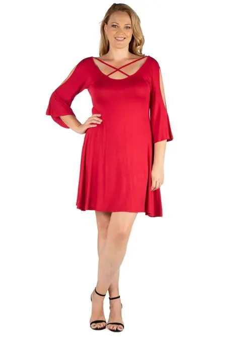 24SEVEN COMFORT APPAREL Crisscross Neck Cold Shoulder Dress - Red