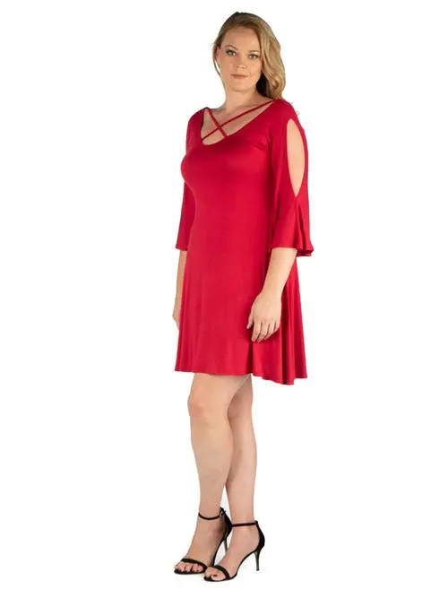24SEVEN COMFORT APPAREL Crisscross Neck Cold Shoulder Dress - Red