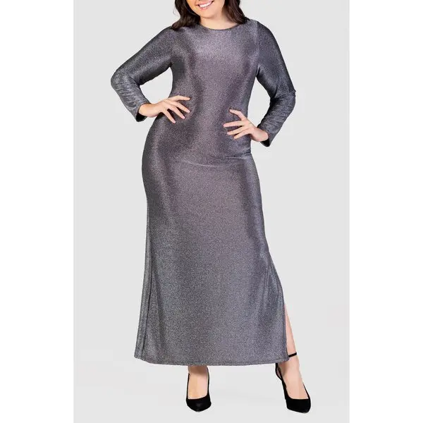 24SEVEN COMFORT APPAREL Shimmery Long Sleeve Maxi Dress - Silver