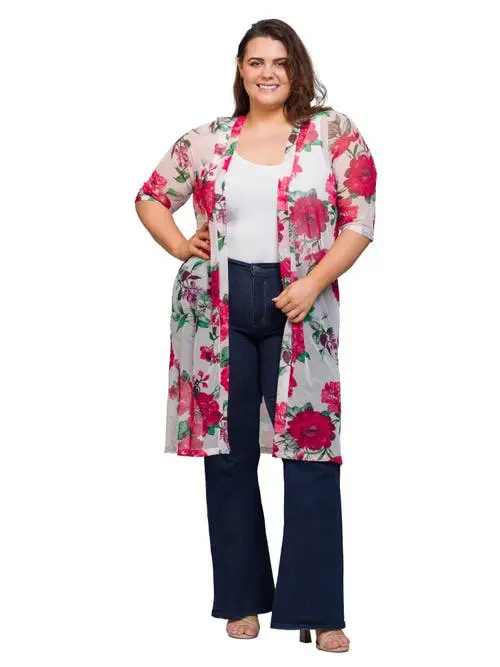 24SEVEN COMFORT APPAREL Floral Duster Cardigan - White Multi