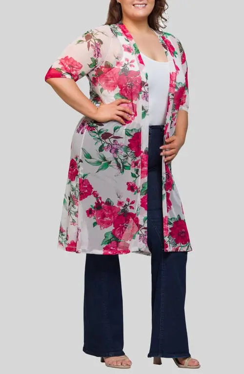 24SEVEN COMFORT APPAREL Rose Print Sheer Open Front Long Jacket - White Multi