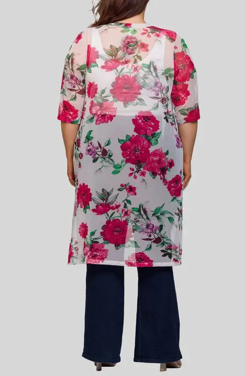 24SEVEN COMFORT APPAREL Rose Print Sheer Open Front Long Jacket