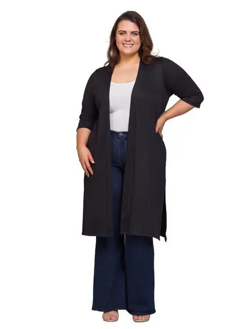 24SEVEN COMFORT APPAREL Open Front Knee Length Duster Cardigan - Black
