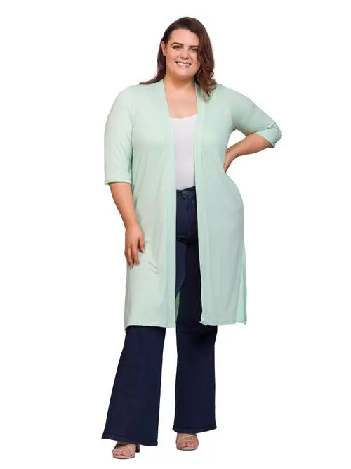 24SEVEN COMFORT APPAREL Open Front Knee Length Duster Cardigan - Mint