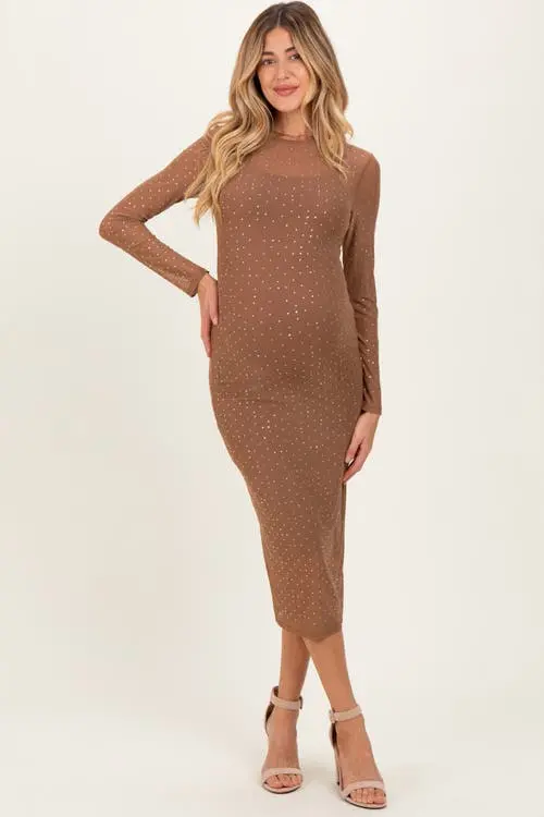 PINKBLUSH Rhinestone Mesh Long Sleeve Midi Dress