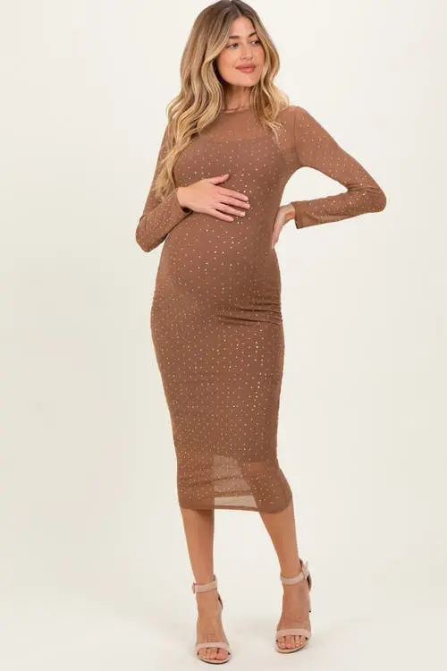 PINKBLUSH Rhinestone Mesh Long Sleeve Midi Dress