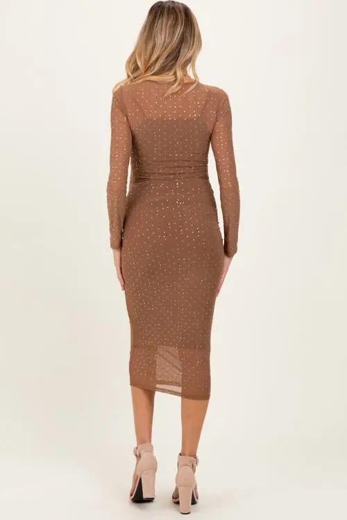 PINKBLUSH Rhinestone Mesh Long Sleeve Midi Dress