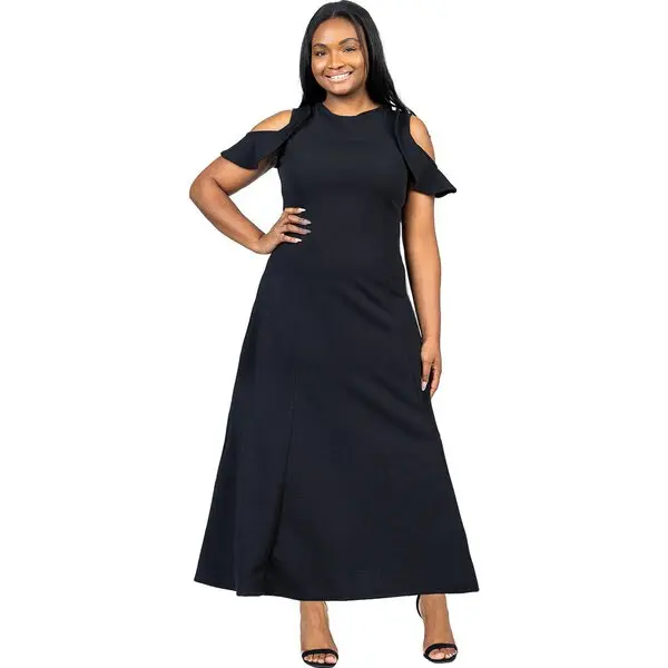 24SEVEN COMFORT APPAREL Ruffle Cold Shoulder Maxi Dress - Black