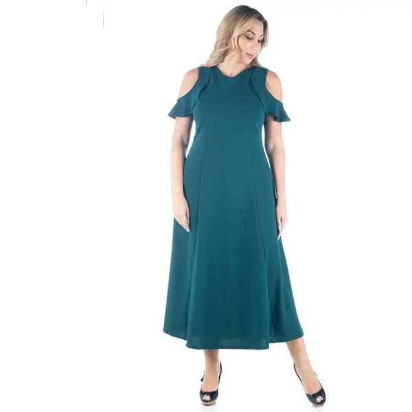 24SEVEN COMFORT APPAREL Ruffle Cold Shoulder Maxi Dress - Hunter