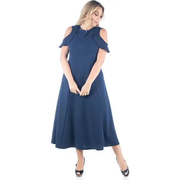 24SEVEN COMFORT APPAREL Ruffle Cold Shoulder Maxi Dress - Navy