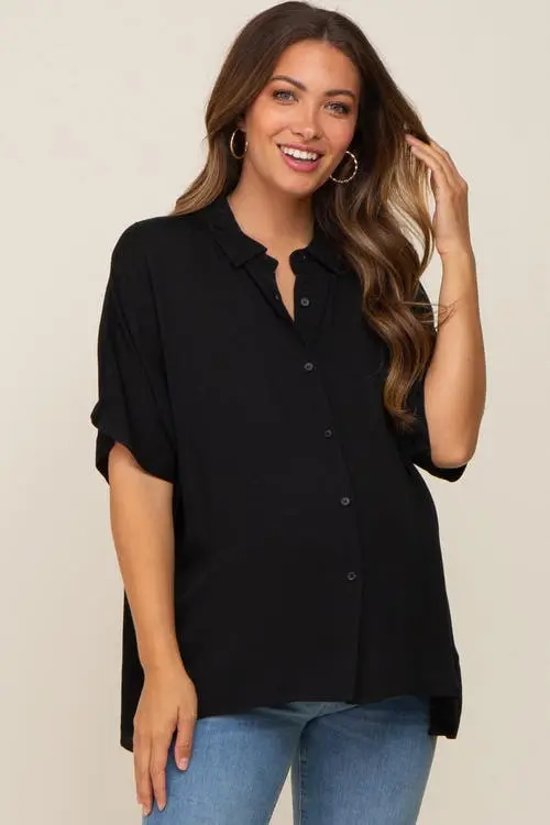 PINKBLUSH Button Up Dolman Short Sleeve Top - Black