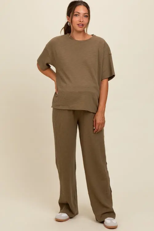 PINKBLUSH Textured Knit Oversized Tee And Pants Set - Olive Green